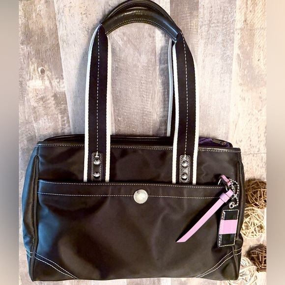 Bags | Coach Hampton Tote Black Nylon Leather Shoulder Handbag | Poshmark